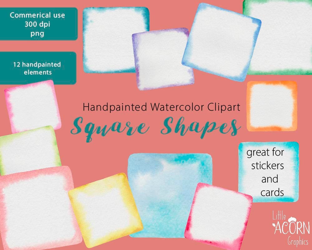 Watercolor Clipart Frame, Square Clip Art Frame, Handpainted Watercolor ...
