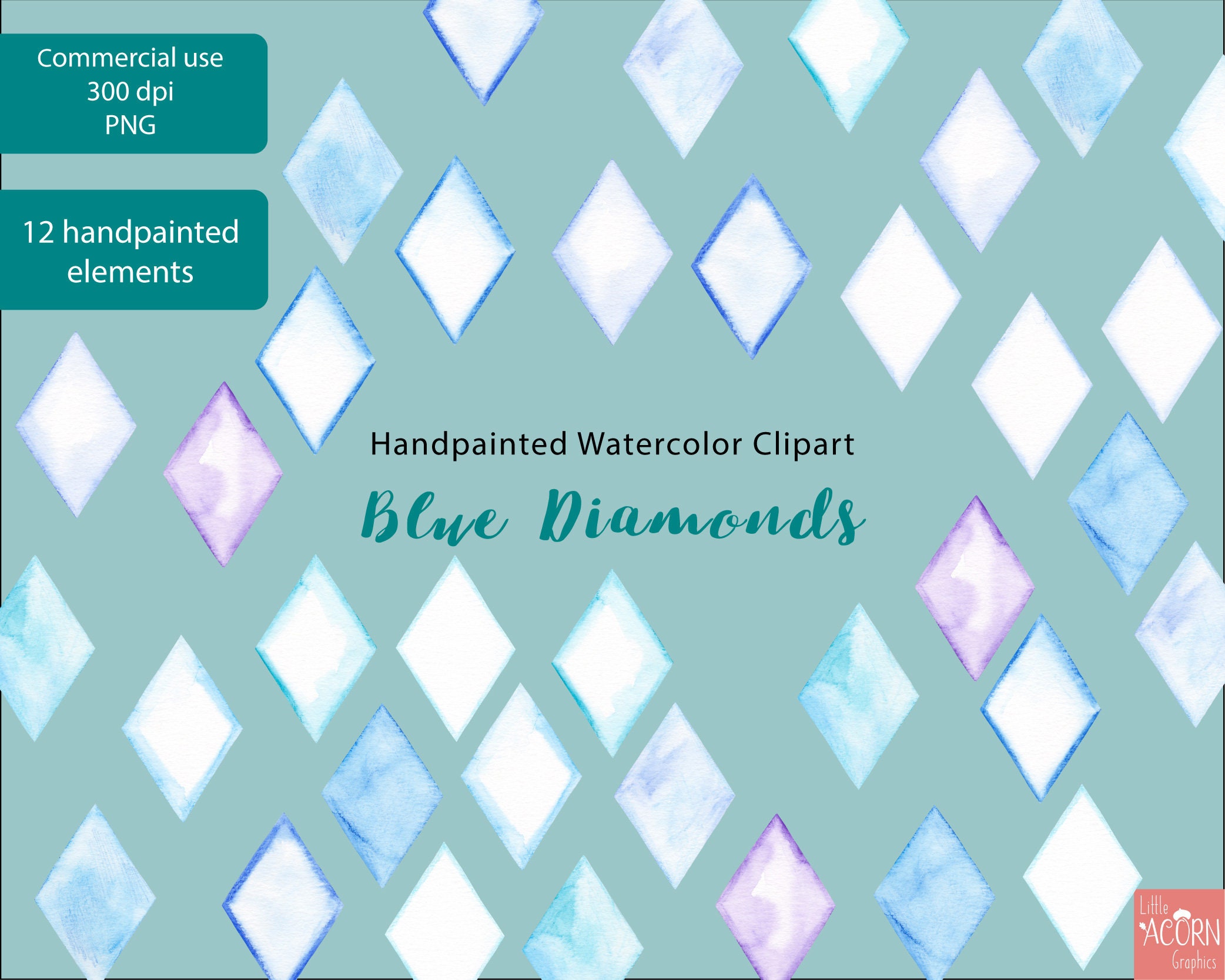 Watercolor Clipart Frame, Blue Diamonds Watercolor Clip Art, Cards ...