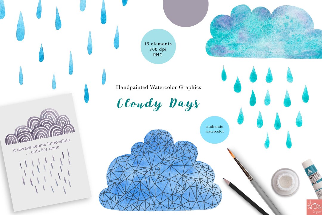 Watercolor Clipart Commercial Use, Clouds Rain Weather for Card Making ...