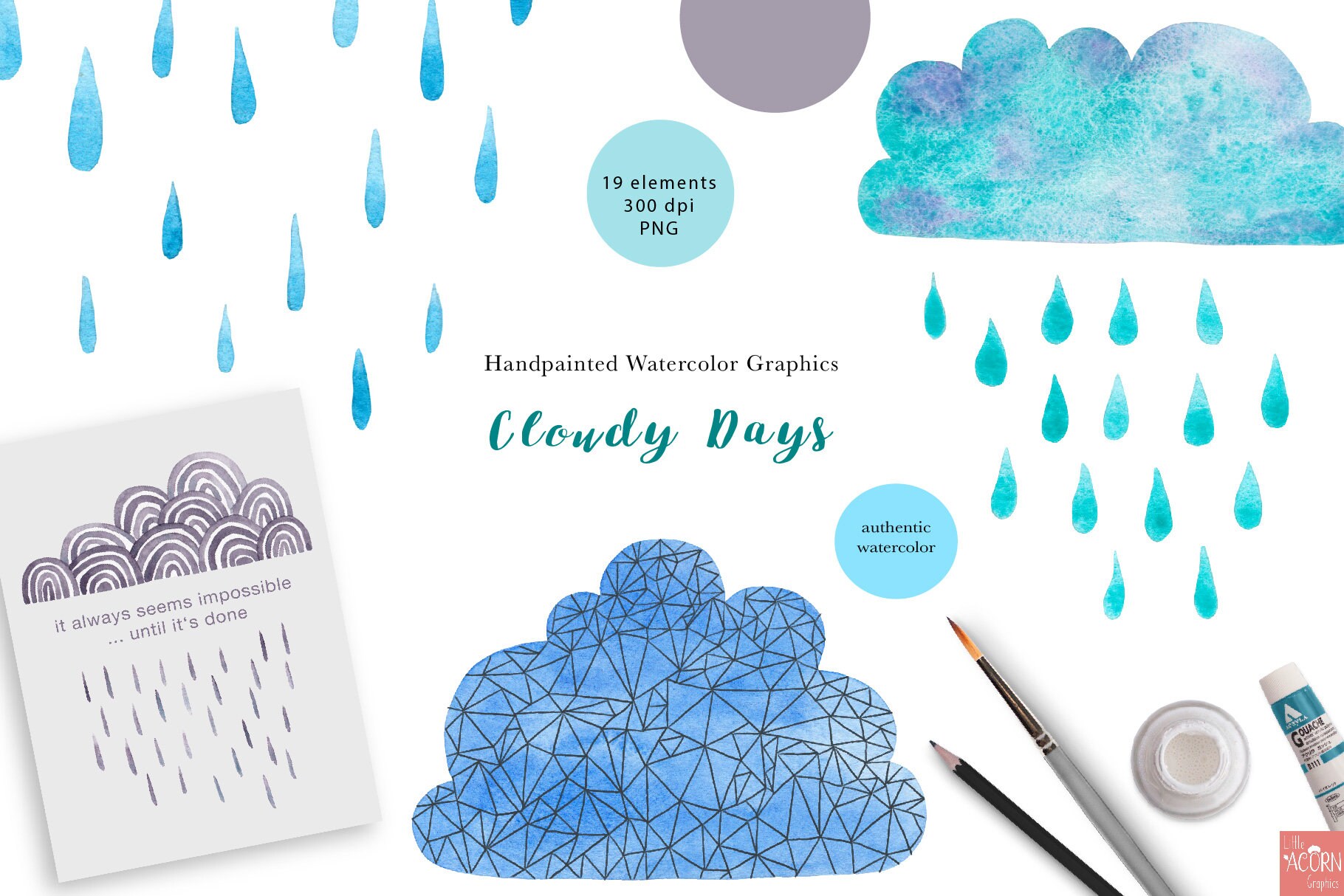 Watercolor Clipart Commercial Use, Clouds Rain Weather for Card Making ...