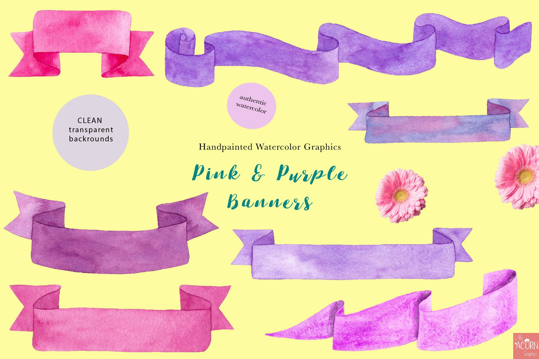 Watercolor Clipart Banner Pink Purple, Handpainted Watercolor Clipart ...