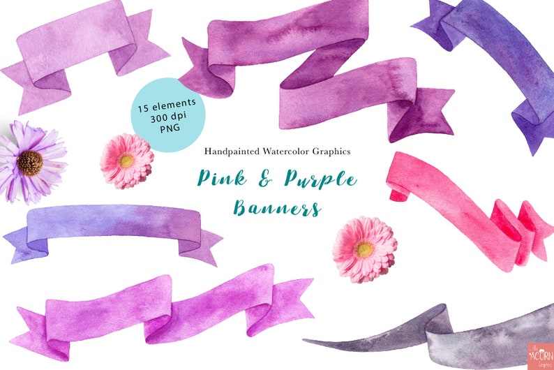 Watercolor Clipart Banner Pink Purple, Handpainted Watercolor Clipart ...