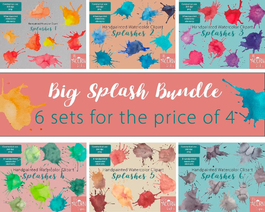 Watercolor Clipart Splashes, Handpainted Commercial Use Bundle, Paint ...
