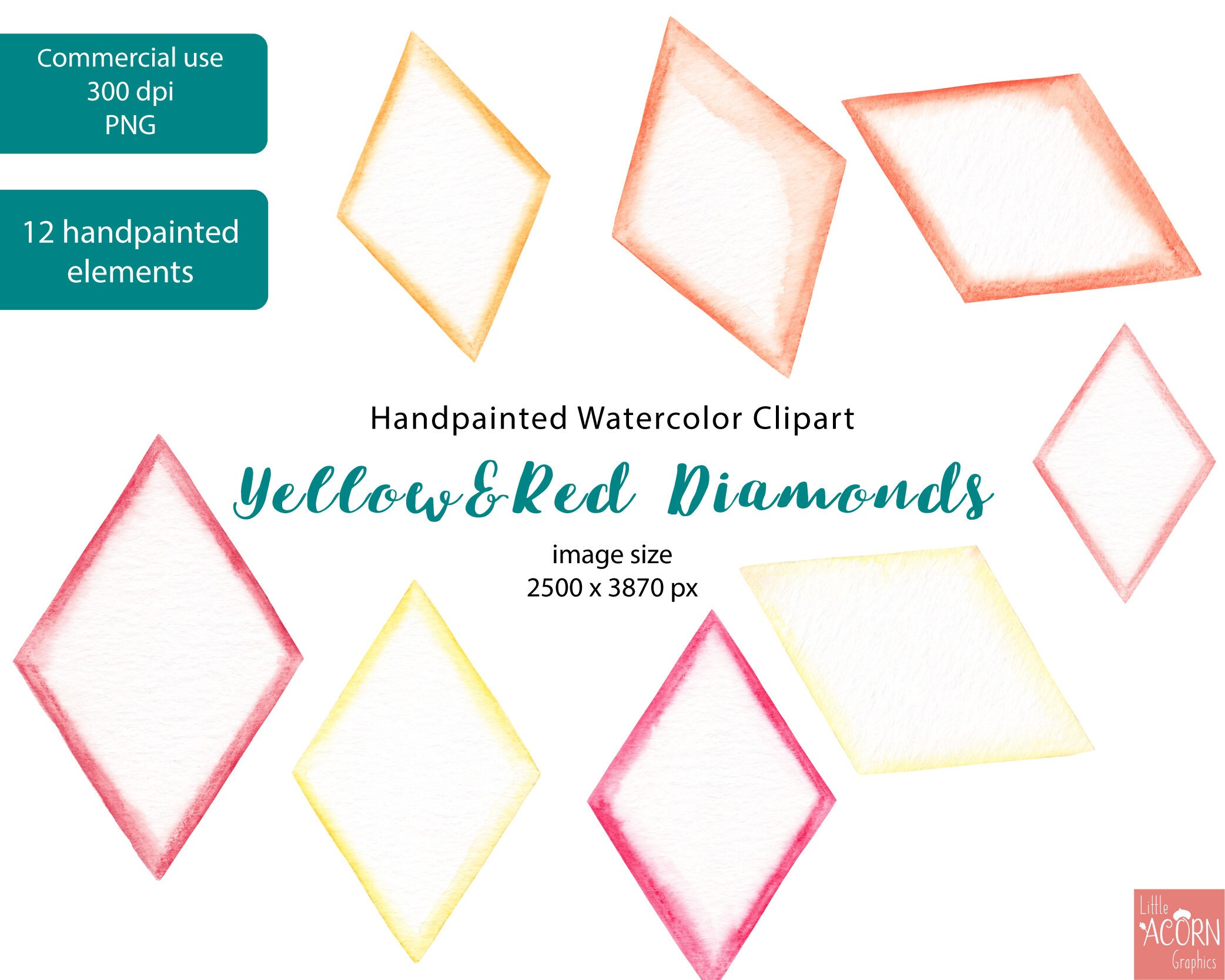 Watercolor Clipart Frame, Yellow and Red Diamonds Watercolor Clip Art ...