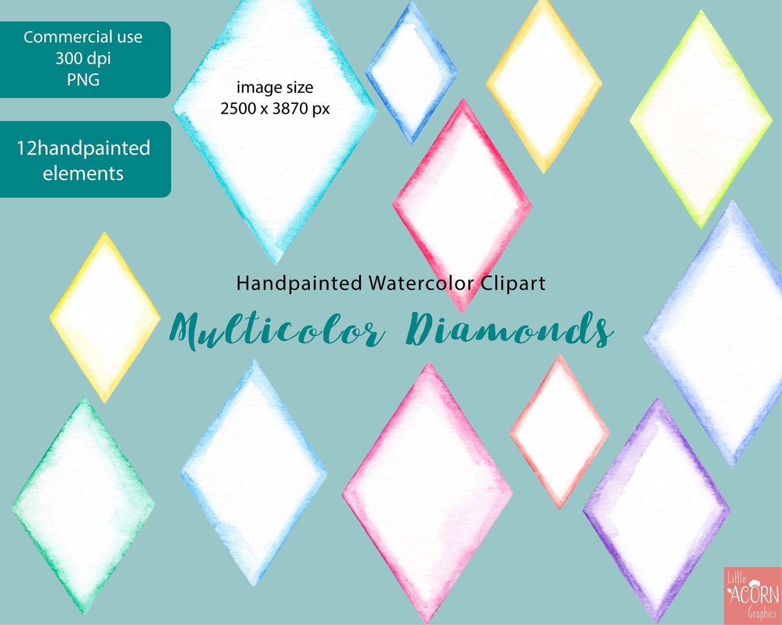 Watercolor Clipart Frame, Multicolor Diamonds Handpainted Watercolor ...