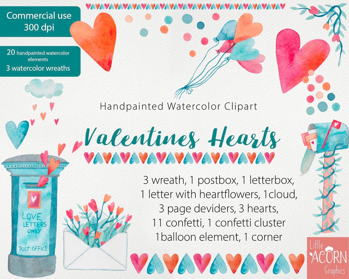 Watercolor Clipart Valentines Day, Valentines Clip Art, Heart Clipart ...