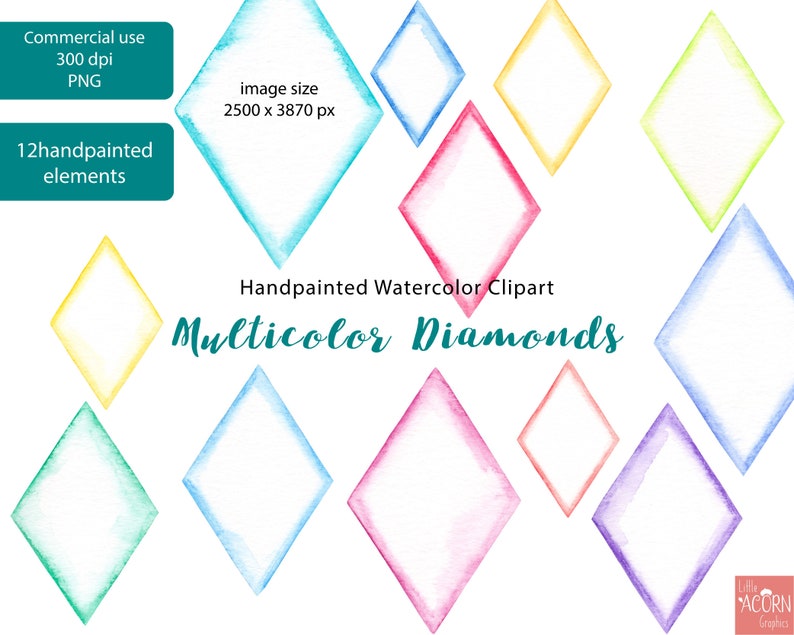 Watercolor Clipart Frame, Multicolor Diamonds Handpainted Watercolor ...