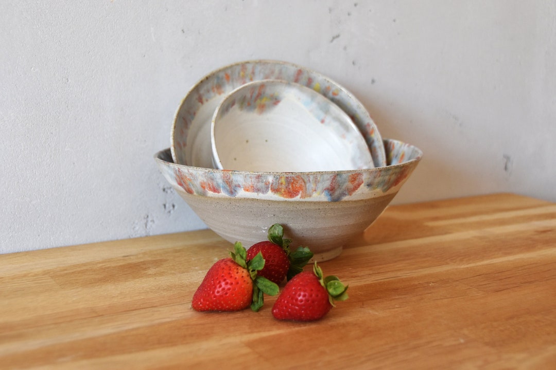 3 Ceramic Bowls Set, White & Floral Serving Bowls, Handmade Ceramic ...