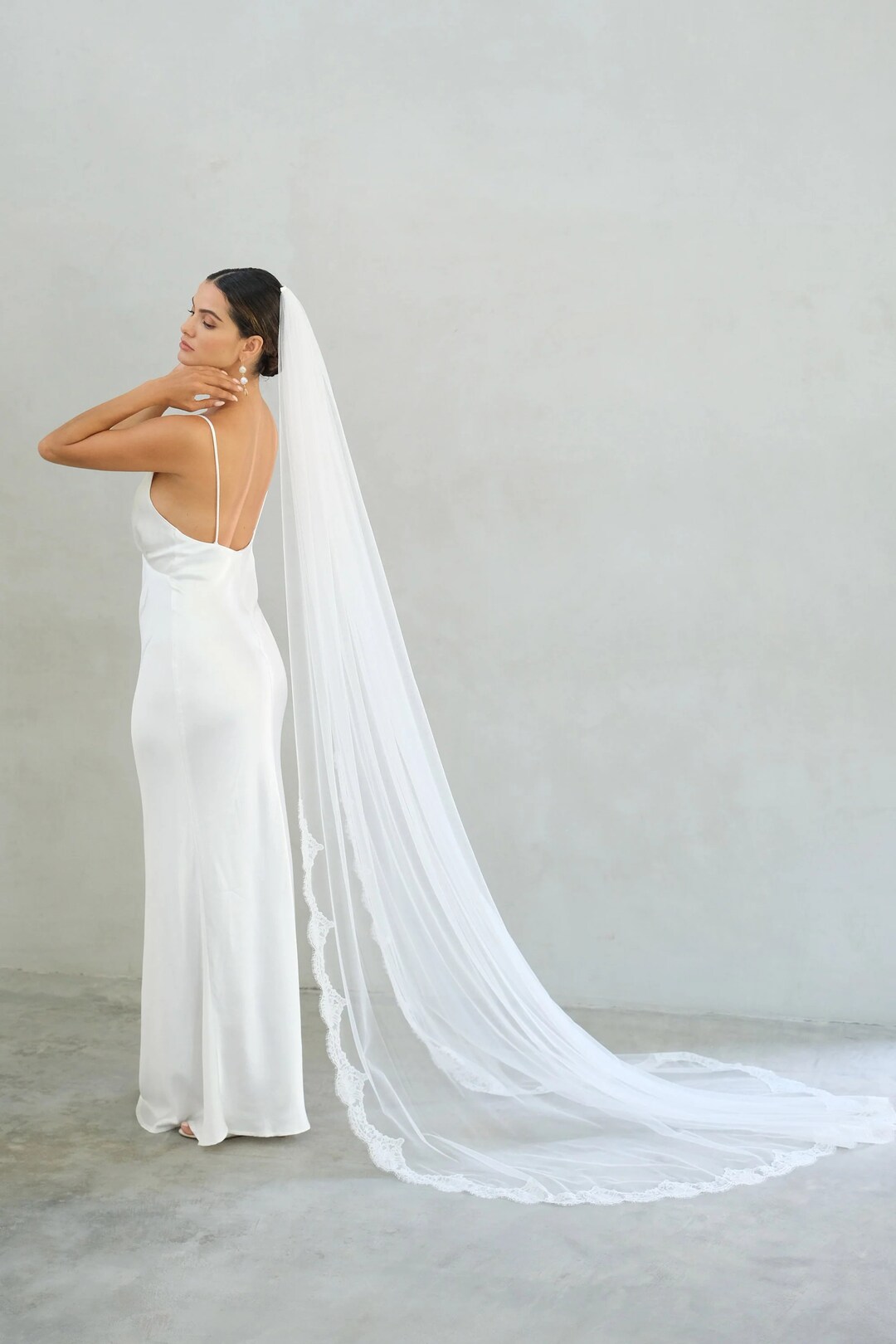 BELLEROSE III -one Tier Veil With Partial Lace Trim,lace Wedding Veil ...