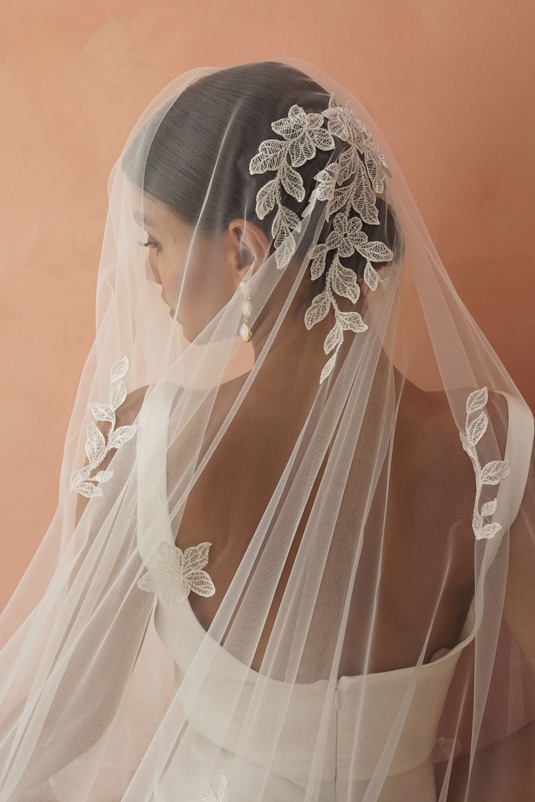 CALISTA - Lace Blusher Veil, Drop Veil With Lace Appliques, Two Tier ...