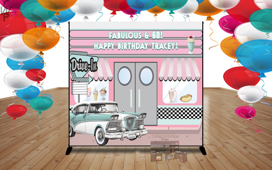 1950's Retro Theme Backdrop, Vintage Diner Birthday Backdrop Banner ...