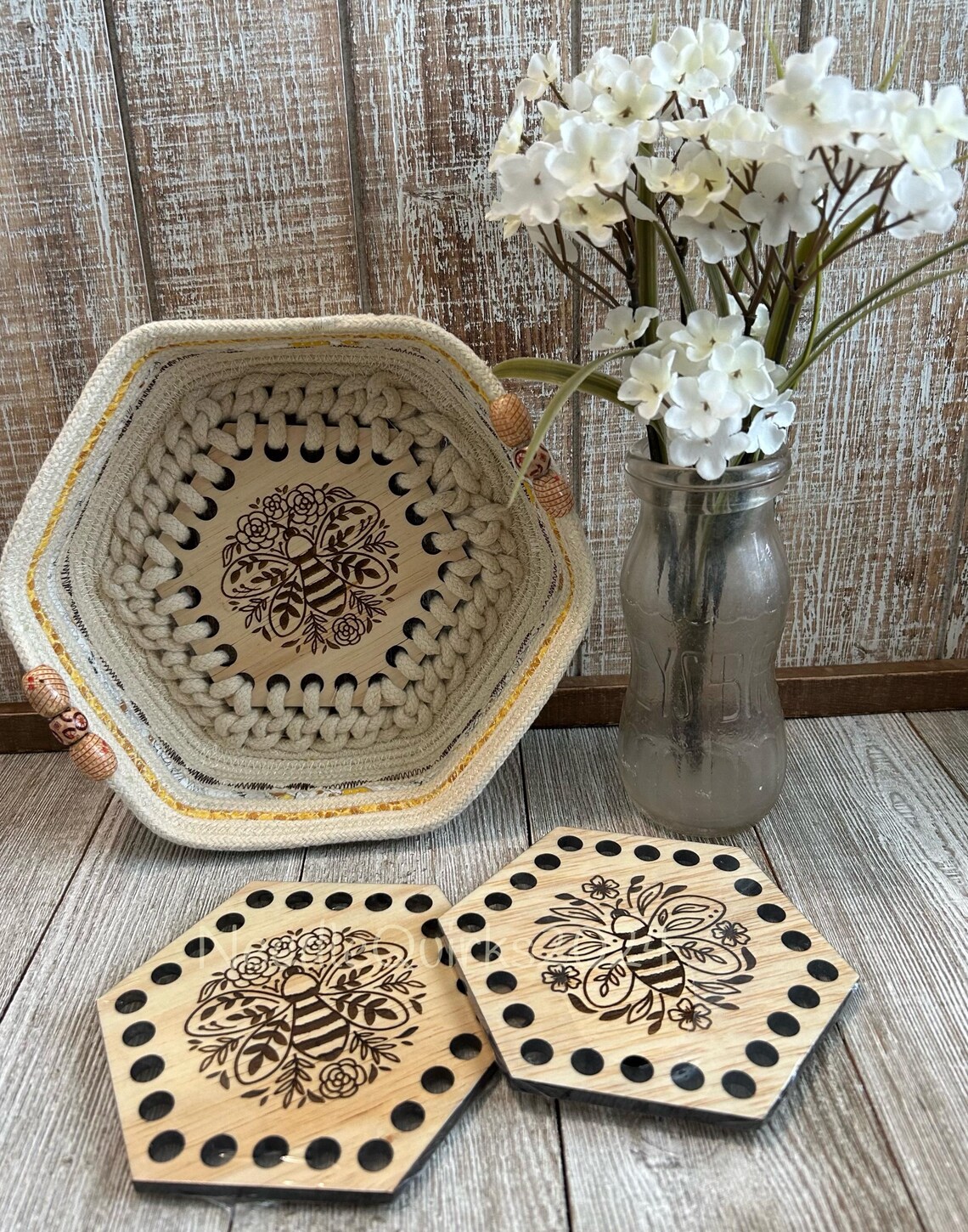 Hand Crafted Hexagon Bees and Flowers Birch Wood Insert for Clothesline Rope Bowl - Etsy