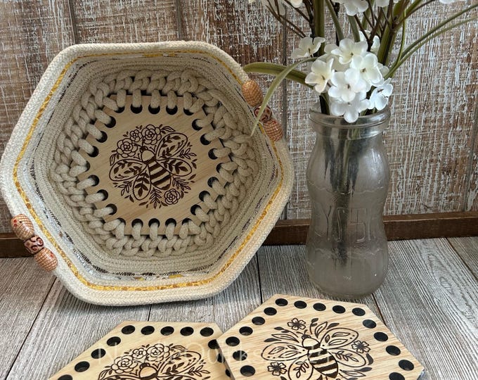 Hand Crafted Hexagon Bees and Flowers Birch Wood Insert for Clothesline Rope Bowl - Etsy