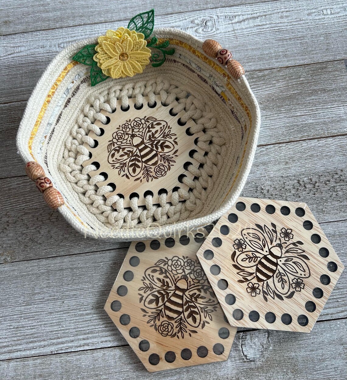 Hand Crafted Hexagon Bees and Flowers Birch Wood Insert for Clothesline ...