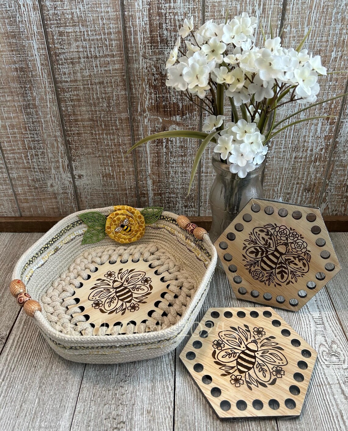 Hand Crafted Hexagon Bees and Flowers Birch Wood Insert for Clothesline Rope Bowl - Etsy