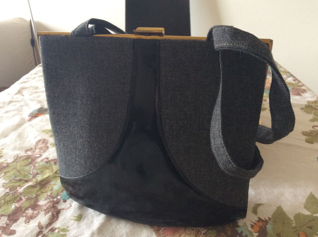 Vintage 1950's Grey Wool and Black Patent Ingber Handbag - Etsy