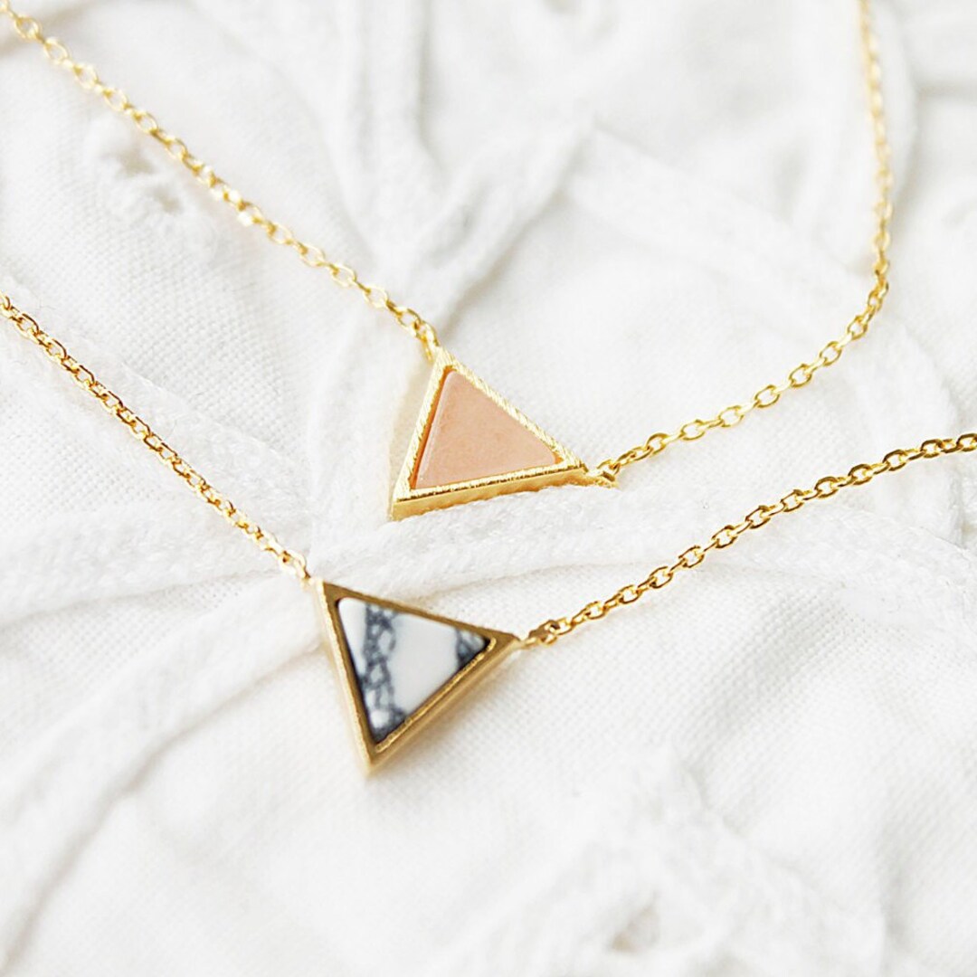 Gold Framed Pink Marble Triangle Pendant Necklace Bridesmaid Gift ...