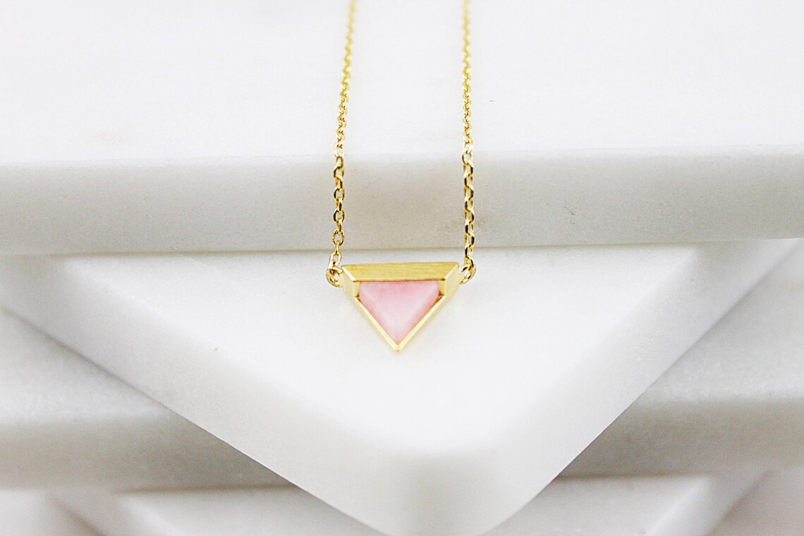 Gold Framed Pink Marble triangle Pendant Necklace Bridesmaid | Etsy