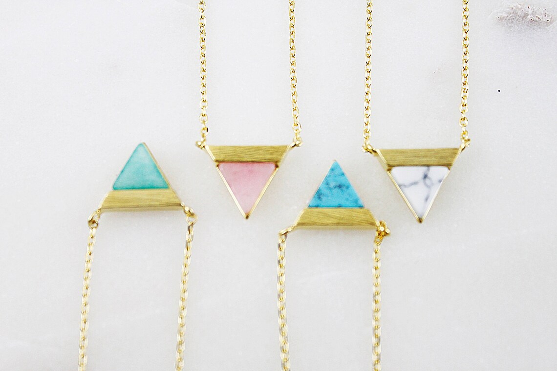 Gold Framed Pink Marble triangle Pendant Necklace Bridesmaid | Etsy