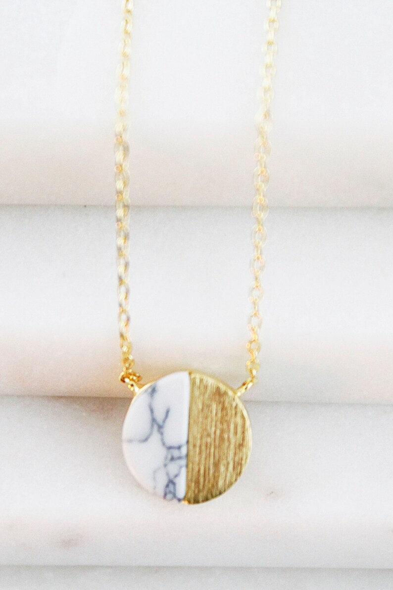 Gold Framed White Marble Circle Pendant Necklace Bridesmaid | Etsy