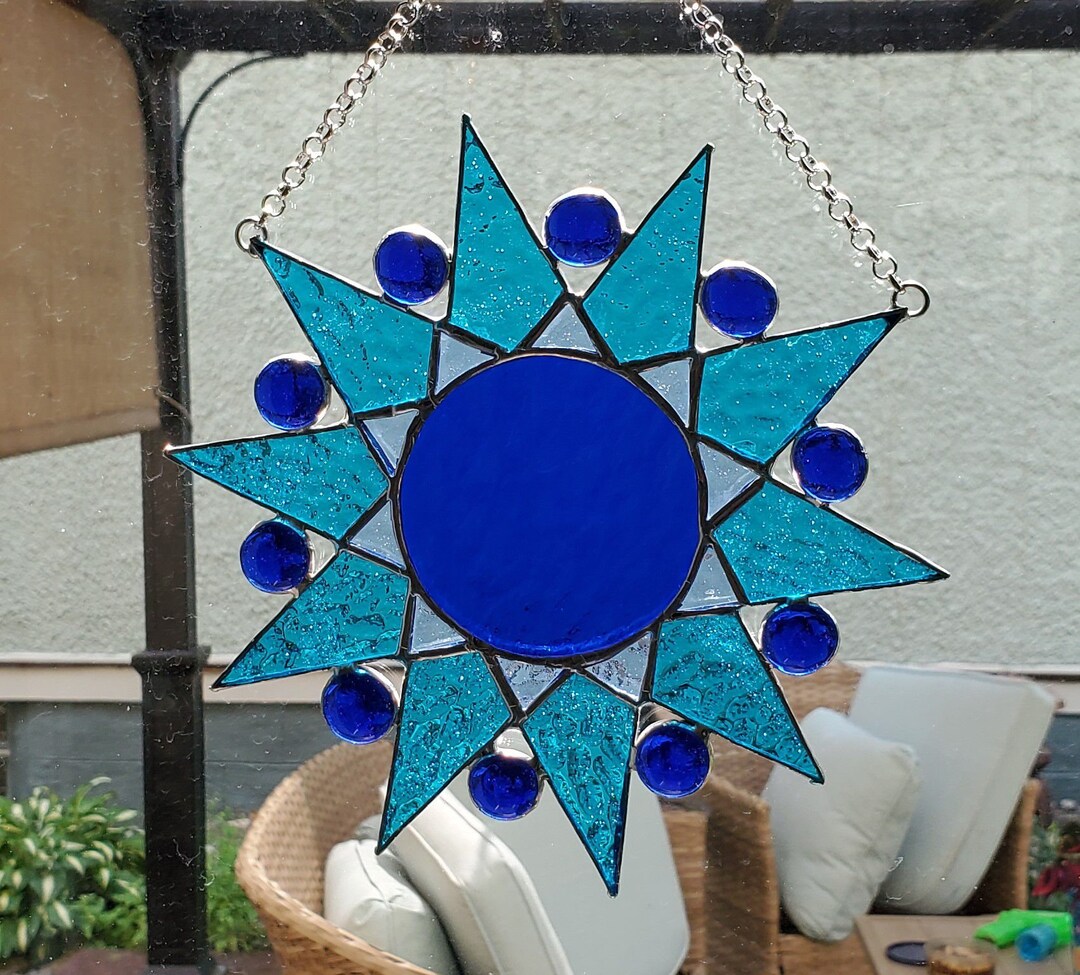 Starburst Stained Glass Suncatcher in Blue, REAL Stained Glass Handmade ...