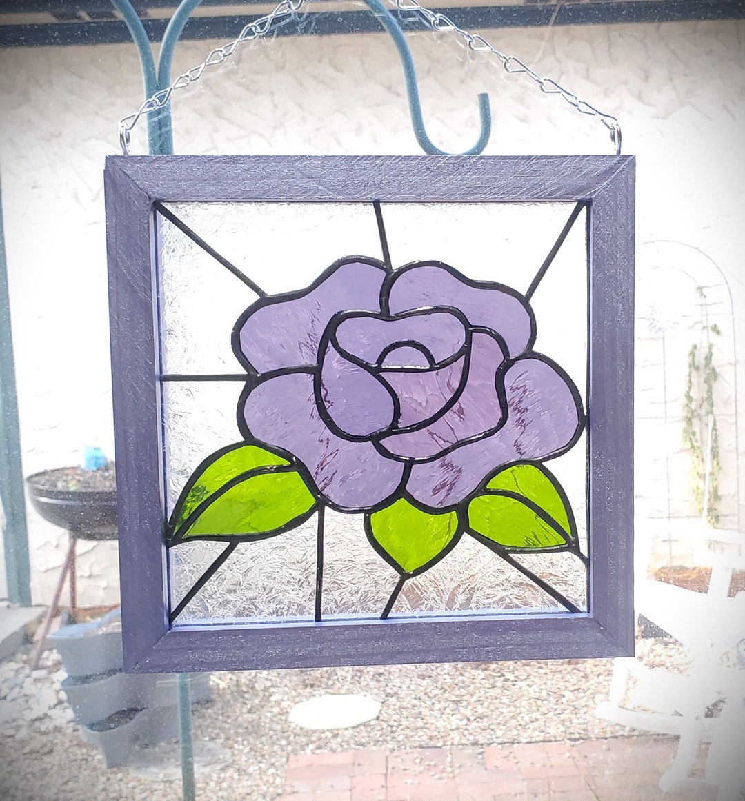 Purple Rose Stained Glass Panel in Custom Purple Frame, Real Stained ...