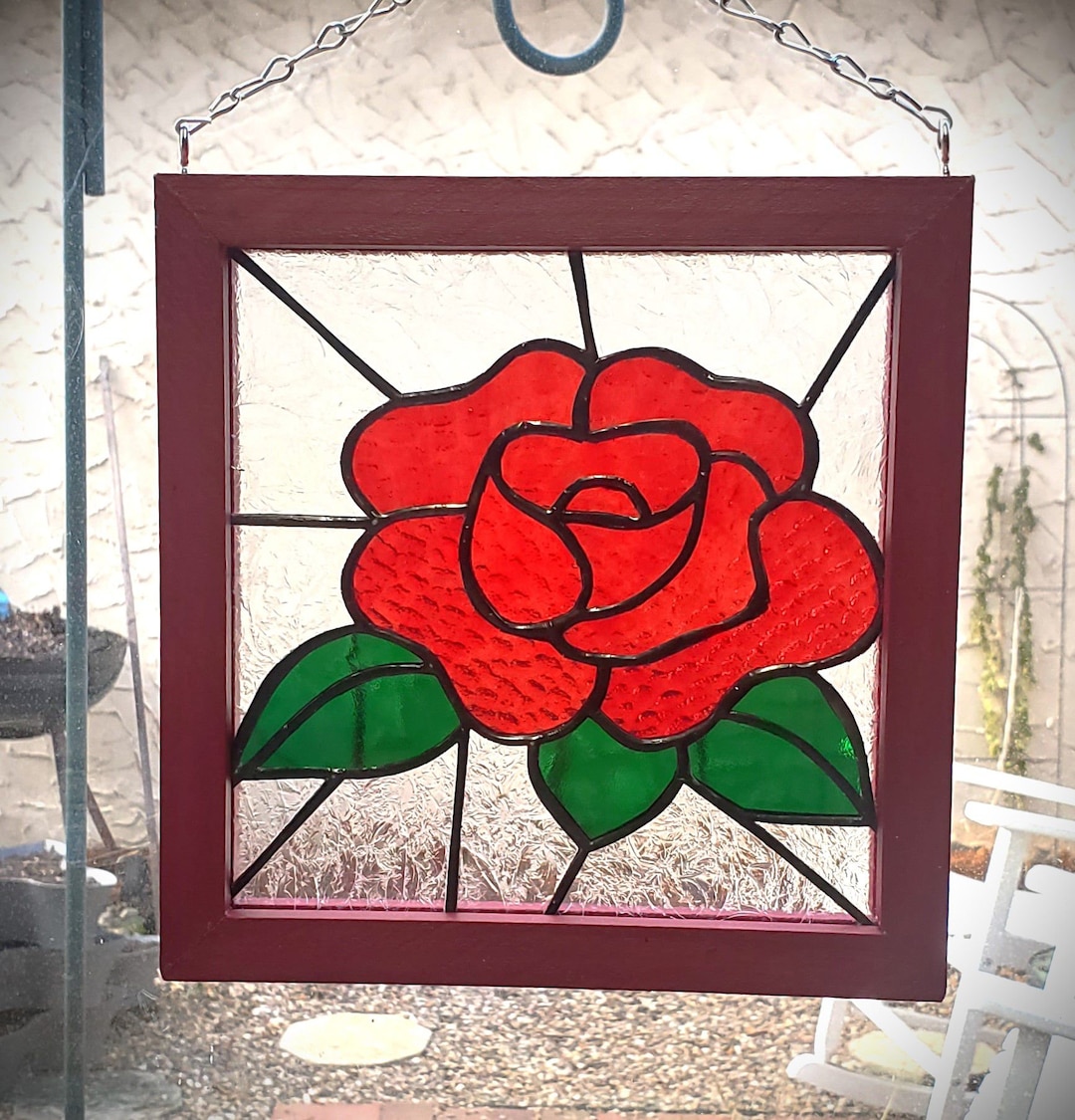 Red Rose Stained Glass Panel - Handmade in Red Frame - Etsy