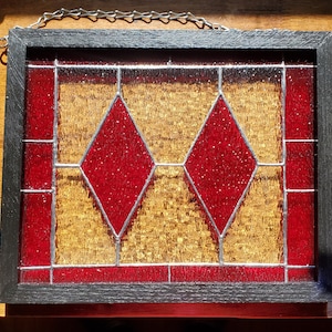Stained Glass Window Panel in Red and Clear Glass, Black Frame, Diamond ...