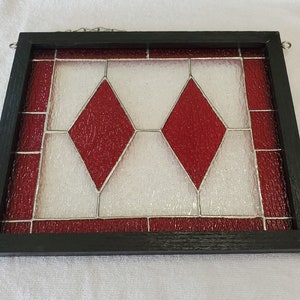Stained Glass Window Panel in Red and Clear Glass, Black Frame, Diamond ...