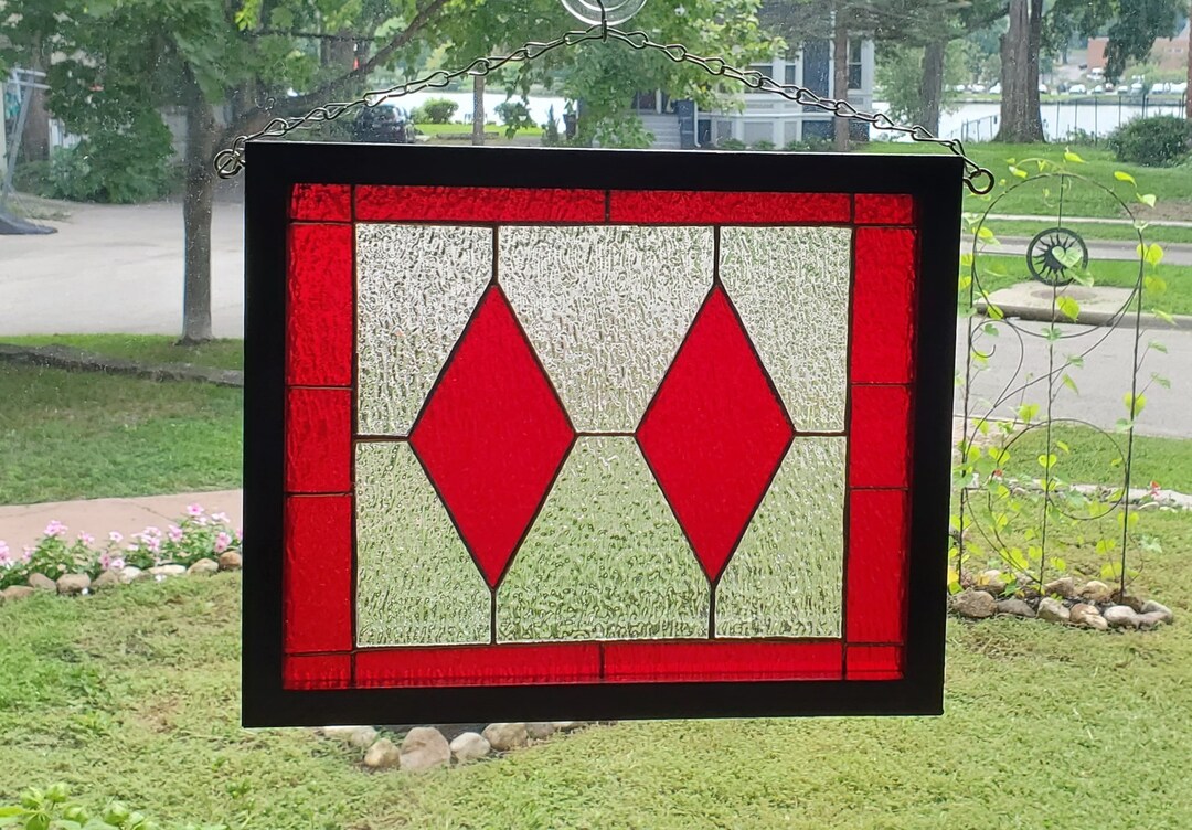 Stained Glass Window Panel in Red and Clear Glass, Black Frame, Diamond ...