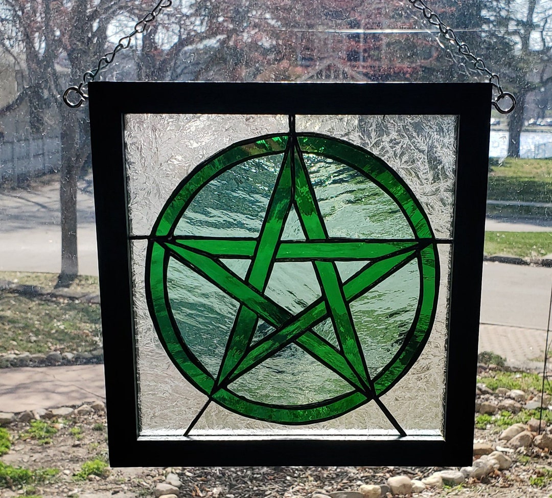 Pentacle in Green Stained Glass With Custom Green Wood Frame, Green ...