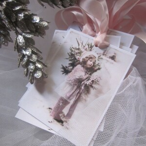 SHABBY Pink Christmas Girl With Christmas Tree Gift TAGS Glitter 8 - Etsy