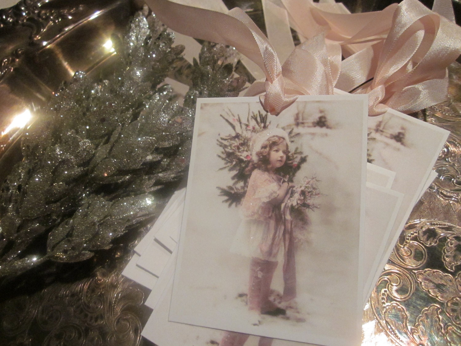 SHABBY Pink Christmas ~ Girl With Christmas Tree Gift TAGS Glitter 8 - Etsy