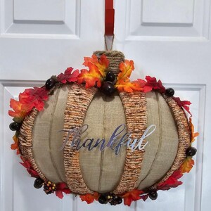 Rustic Fall Wire Pumpkin Decor With Thankful Plaque, Burlap Ribbon ...
