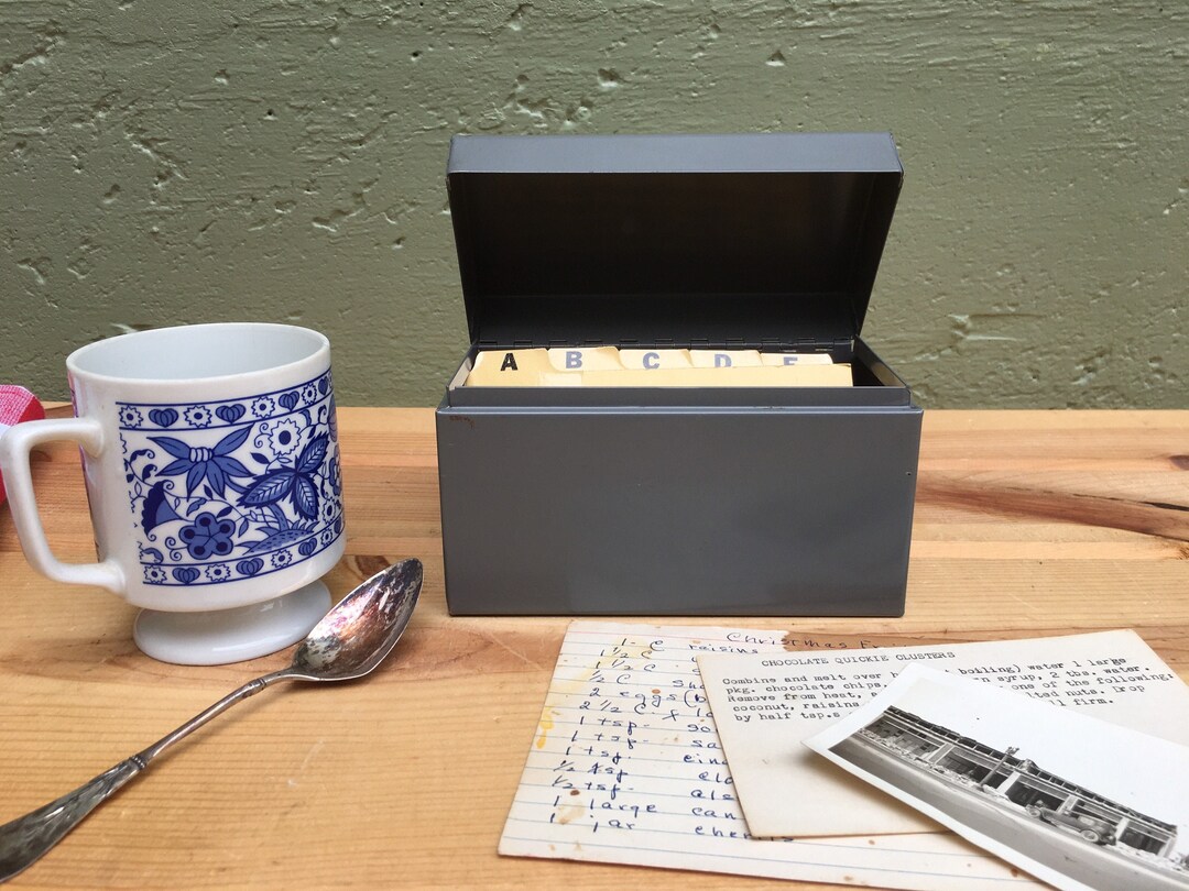 Vintage Recipe Card Box Gray Painted Tin Rustic 3x5 With Alphabetized ...