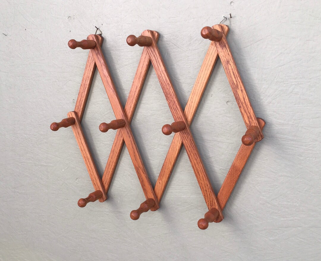 Antique Wood Shelf — Large Solid Oak Accordion Wall Peg Rack — Vintage ...