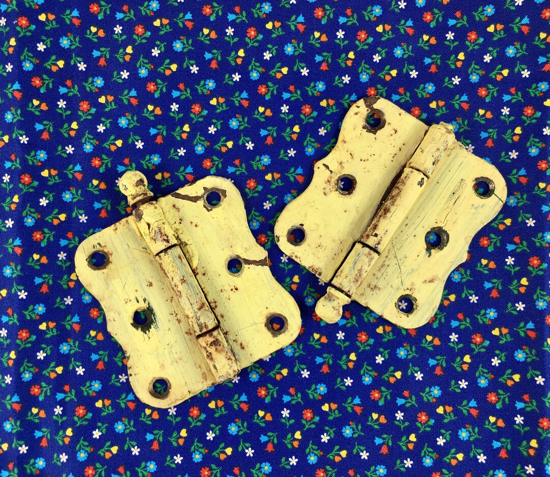 Antique Cabinet Door Hinges Yellow Salvaged Butterfly Painted Weathered ...
