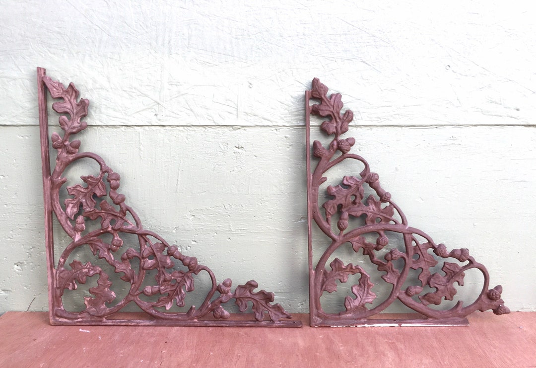 Antique Wrought Iron Corbels — Oak Leaf and Acorn Adorned Vintage Cast ...