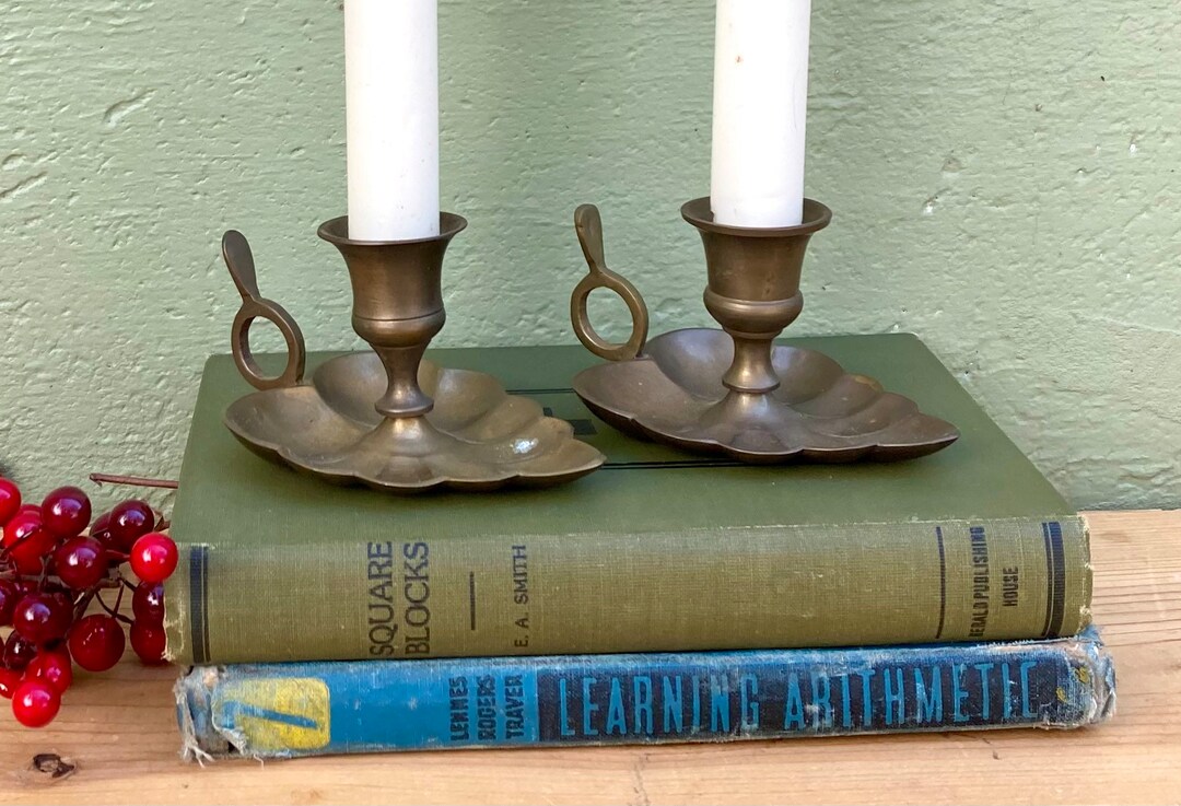 Pair Brass Candlestick Holders — 2 Rustic Grape Leaf Gold Toned Metal ...
