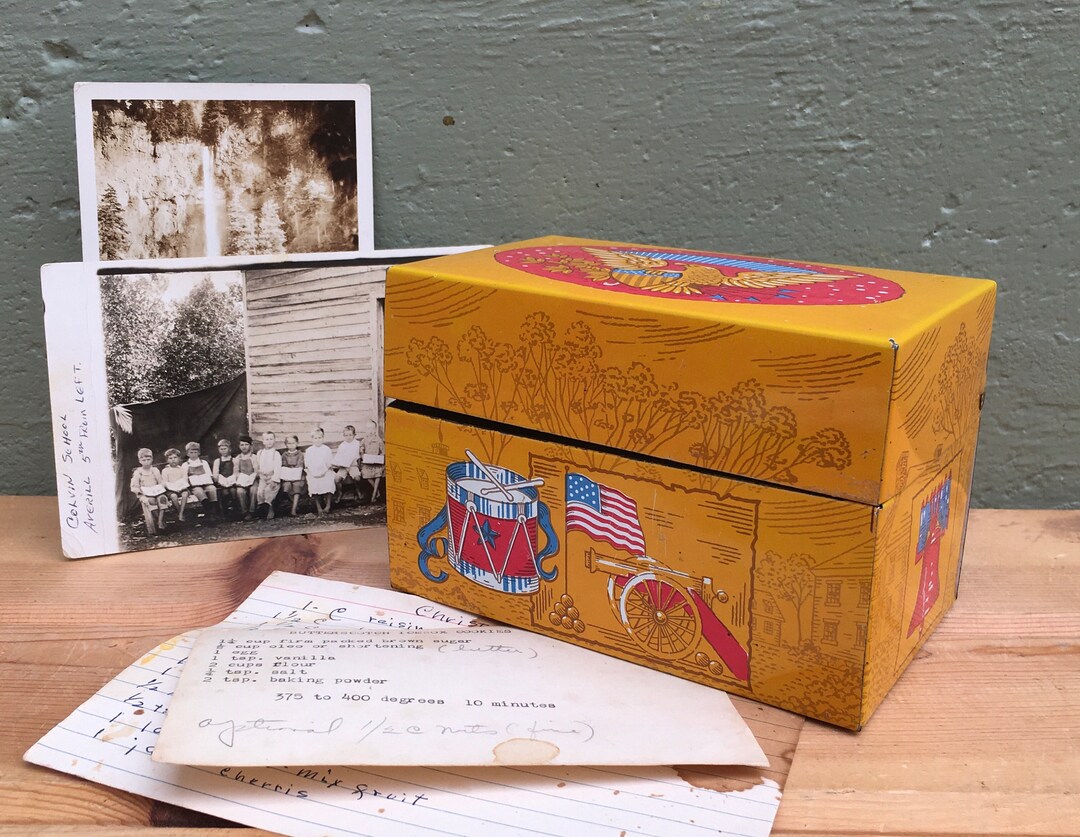 Vintage Recipe Card Box — Painted Tin — 3x5 Card Holder — Mid Century ...