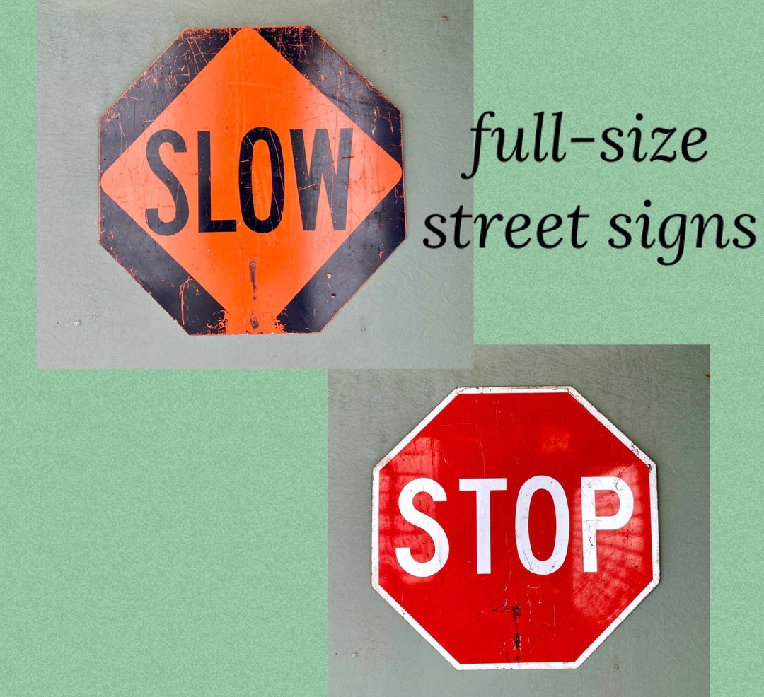 Antique Street Sign — Traffic Stop/slow Sign — Hand Held Road Workers ...