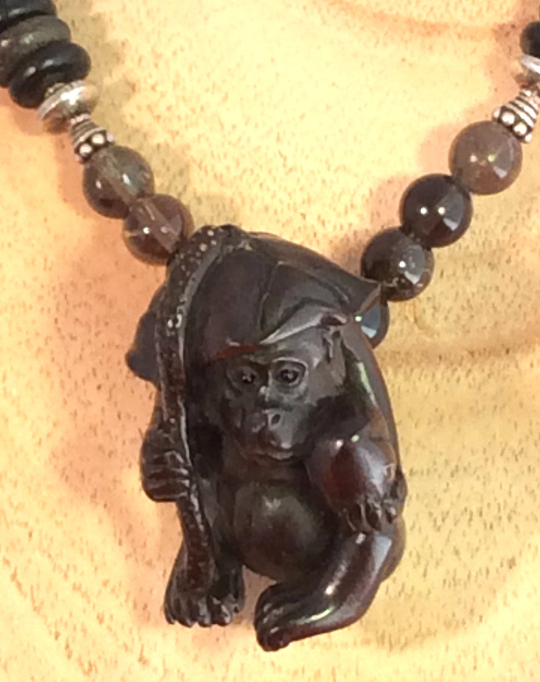 16 Monkey Netsuke Pendant Necklace. Peach Under Leaf Umbrella, Signed ...