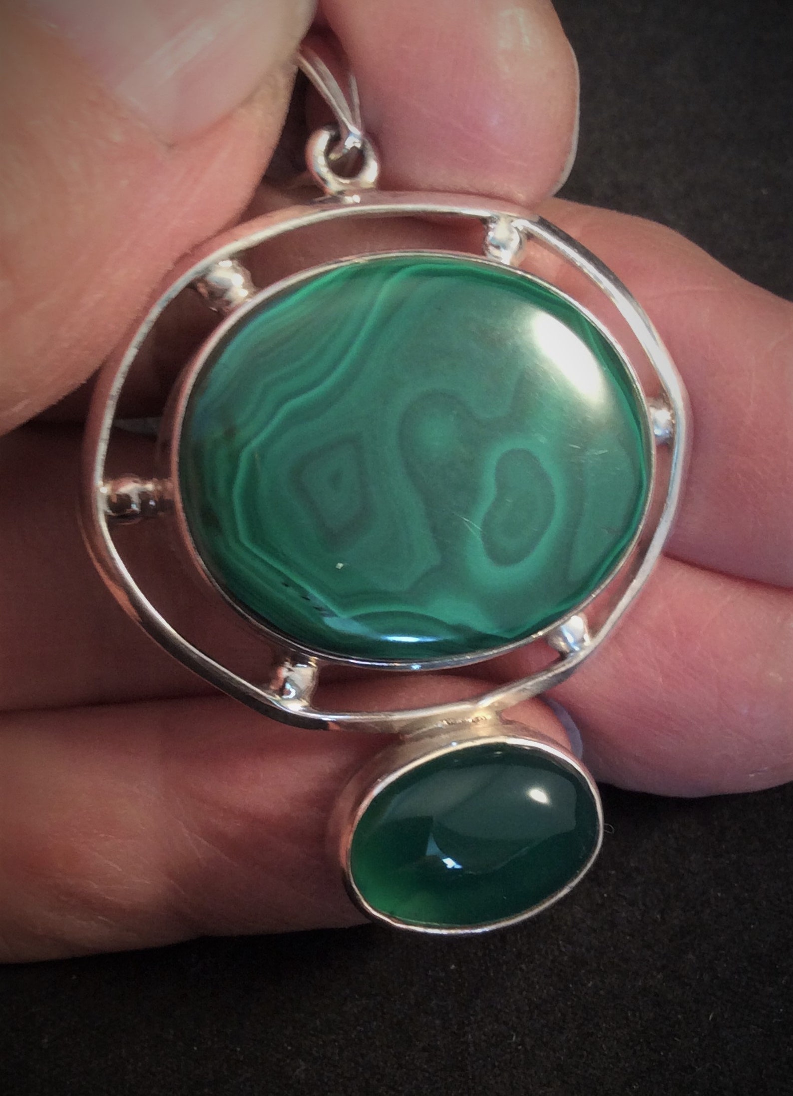 Choice of 9 Green Malachite Pendant. Hinged, Sterling Silver, With Onyx ...