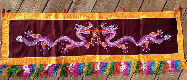Wide Double Dragon Banner. Embroidered, Beaded, Purple, Black ...