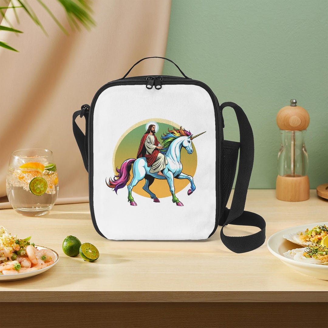 Sarcastic Cute Snack Bag Jesus Unicorn Canvas Lunch Bag Unicorn Rider ...