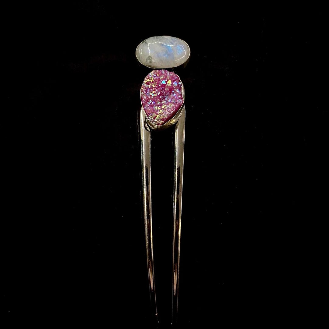 Moonstone Hair Fork, Pink Titanium Druzy, Subtle Blue Flash, Moonstone ...
