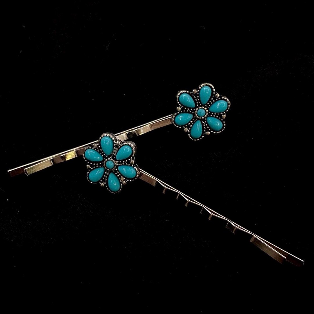 Turquoise Bobby Pins, Turquoise Hair, Flower Hair Pins, Blue Silver ...