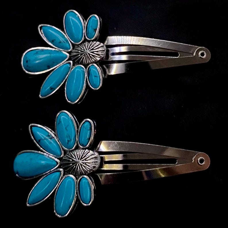 Turquoise Hair Clips, Snap Metal Hair Clips, Contour Clips, Blue Silver ...