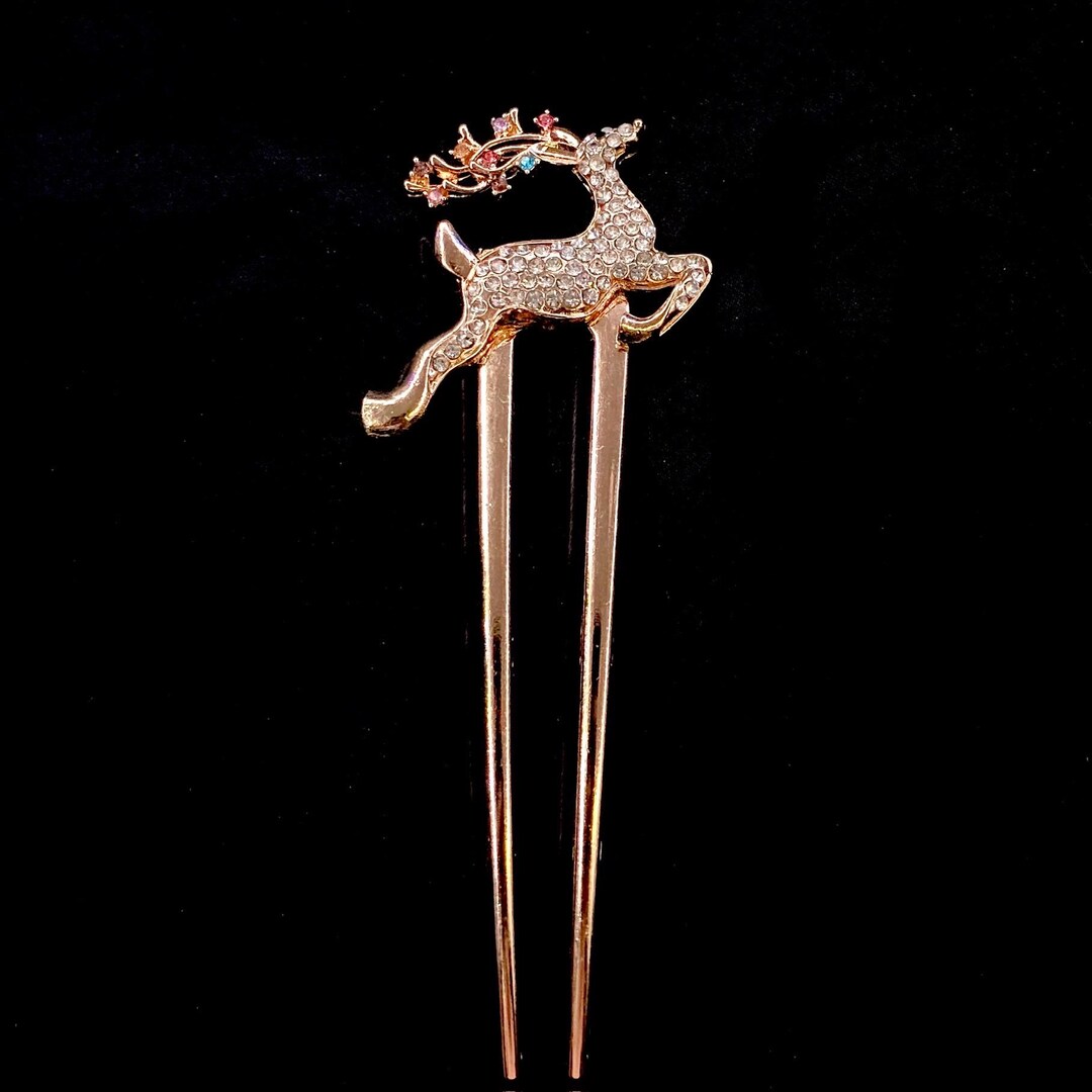 Rhinestone Reindeer Hair Fork: Gold Holiday Hair Pin Bun Holder - Etsy