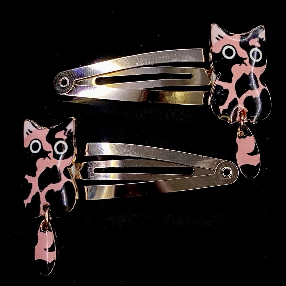Black and Pink Cat, Cat Hair Clips, Feline Hair Clips, Snap Metal Hair ...